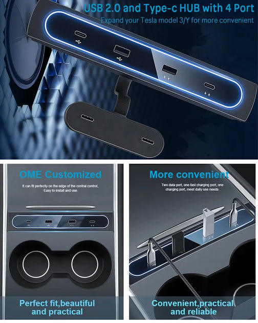 Tesla Model Y 3 USB Hub 4 in 1 USB Console Charger PD Fast Charge Port ...
